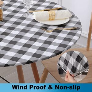 smiry Round Table Cloth Cover, Elastic Waterproof Fitted Vinyl Table Covers for 36"-44" Tables, Flannel Backed Buffalo Plaid Tablecloth for Picnic, Camping, Indoor and Outdoor, Black and White