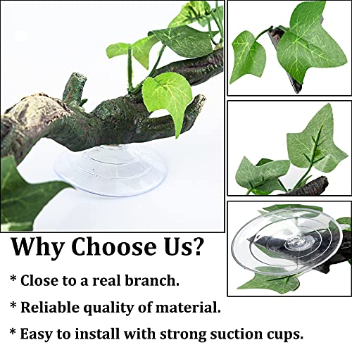 PINVNBY Reptile Corner Branch Resin Climb Tree Branch Decor with Leaves Terrarium Plant Decoration with Suction Cup Gecko Plant Ornament for Amphibian Lizard Snake Climbing 