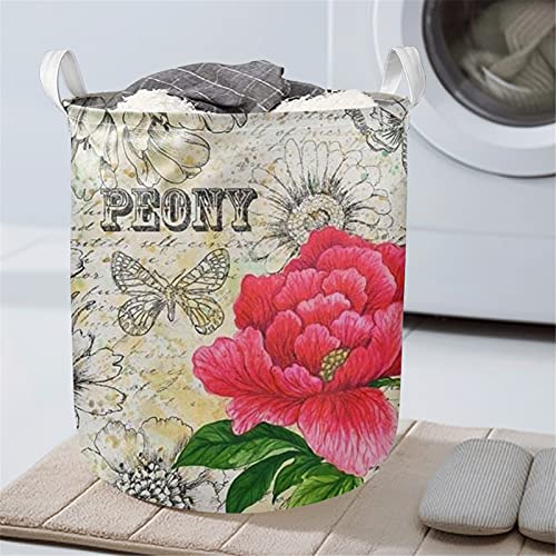 Poceacles Peony Print Large Capacity Storage Basket for Dorm Bathroom, Fashion Canvas Laundry Hamper Organizer, Waterproof Round Clothes Books Toy Storage Bin