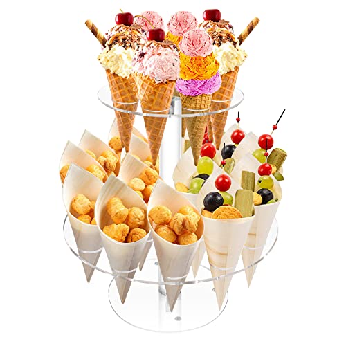 TOOPILAT Ice Cream Cone Holder,2-Tier Acrylic ice Cream Stand.Acrylic Ice Cream Cone Holder Stand with 24 Holes Waffle Cone Displaying Stand for Party