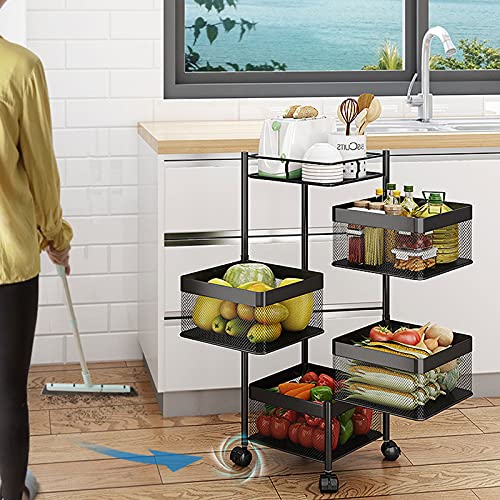 Rotating Kitchen Storage Rack, Square 4 Layer Fruit Vegetable Storage Basket Rack Snack Stand ​Household Storage Shelf for Kitchen Toilet Save Space