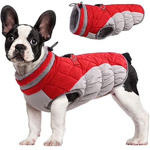 FUAMEY Dog Coat,Warm Dog Jacket Winter Coat Paded Dog Fleece Vest Reflective Dog Cold Weather Coats with Built in Harness Waterproof Windproof Dog Snow Jacket Clothes with Zipper Red Small