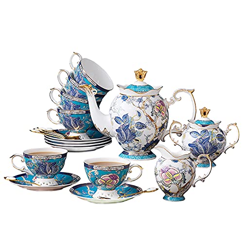 ACMLIFE Bone China Coffee Tea Sets, 21-Piece Porcelain Tea Cup Set, Tea Cup and Saucer Set Service for 6 with 34 Ounces Teapot,Sugar Bowl,Creamer Pitcher and Teaspoons, Christmas Gifts for Women