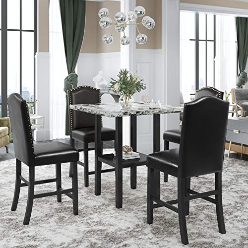 5-Piece Kitchen Table Set, Faux Marble Tabletop Counter Height Dining Table with Bottom Shelf and 4 Black Leather Upholstered Chairs, Black Chair+Gray Table