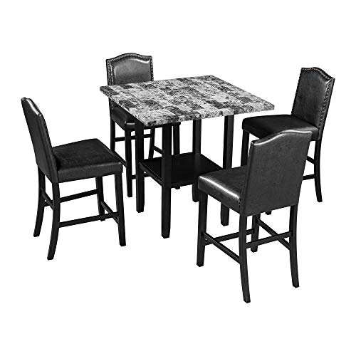 5-Piece Kitchen Table Set, Faux Marble Tabletop Counter Height Dining Table with Bottom Shelf and 4 Black Leather Upholstered Chairs, Black Chair+Gray Table