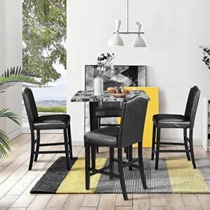 5-Piece Kitchen Table Set, Faux Marble Tabletop Counter Height Dining Table with Bottom Shelf and 4 Black Leather Upholstered Chairs, Black Chair+Gray Table