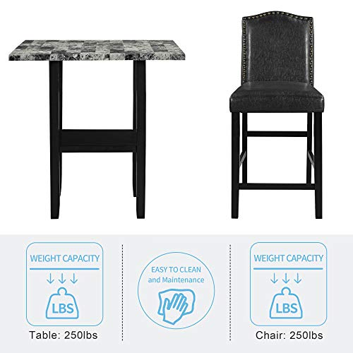 5-Piece Kitchen Table Set, Faux Marble Tabletop Counter Height Dining Table with Bottom Shelf and 4 Black Leather Upholstered Chairs, Black Chair+Gray Table