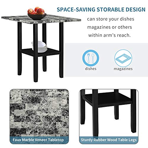 5-Piece Kitchen Table Set, Faux Marble Tabletop Counter Height Dining Table with Bottom Shelf and 4 Black Leather Upholstered Chairs, Black Chair+Gray Table