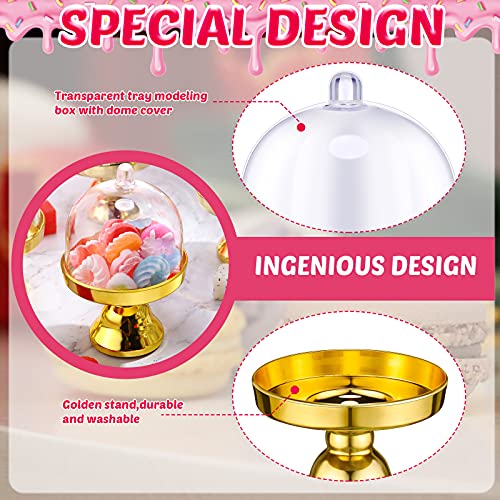 24 Pieces Plastic Mini Cake Stand with Dome Cover Chocolate Candy Cupcake Containers Dessert Display Plate with Dome Cover for Birthday Wedding Holiday Party Supplies (Gold, Transparent)