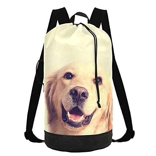 Golden Retriever Dog Laundry Bag with Shoulder Straps Laundry Backpack Bag Drawstring Closure Hanging Hamper for Camp Travel College Dorm Essentials