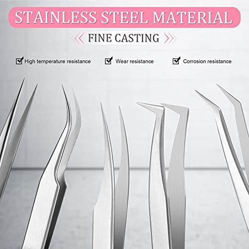 10 Pieces Eyelash Extension Tweezers Stainless Steel Curved Tweezers Volume Eyelash Tweezers Eyelash Isolation Tweezers Eyelash Application Tools for Eyelash Accessories, Silver, Rose Red, 5 Styles