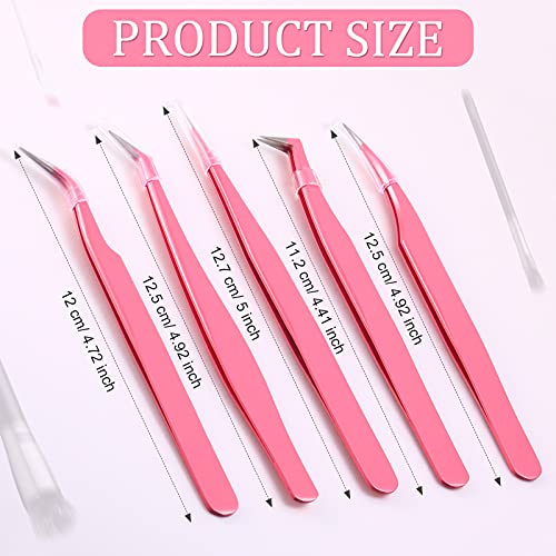 10 Pieces Eyelash Extension Tweezers Stainless Steel Curved Tweezers Volume Eyelash Tweezers Eyelash Isolation Tweezers Eyelash Application Tools for Eyelash Accessories, Silver, Rose Red, 5 Styles