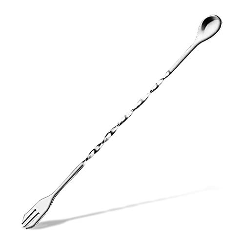 KUFUNG Cocktail Spoon Bar Stirring Spoon, Long Attractive Spiral Stainless Steel Small Strainer Mixing Spoon For Cocktails, Tea Herbs, Coffee & Drinks (Silver, L)