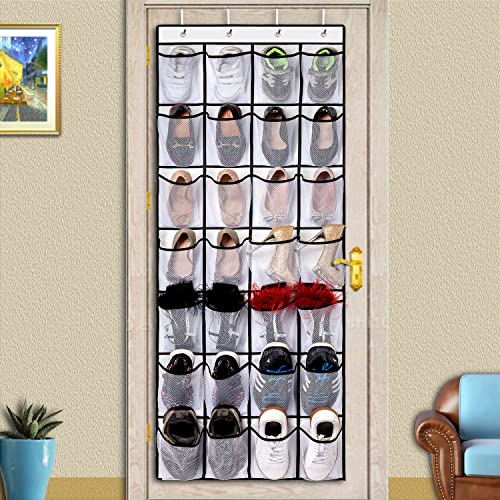 REGELETO 28 Pocket Over the Door Shoe Organzier, Hanging Shoe Rack for Door Large Capacity Shoe Organizer Holder with 4 Metal Hooks (White-2Pack)