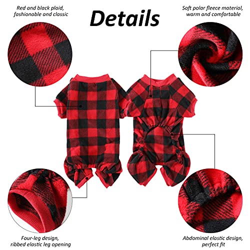 2 Pieces Christmas Dog Pajamas Red Plaid Buffalo Check Dog Sweaters Soft Fleece Pet Jumpsuit Costume Puppy Pajama Onesie Clothes Warm Winter Dog Outfits for Small Medium Sized Dogs Cats