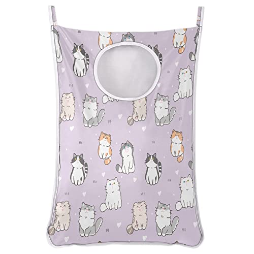 Cute Cat Hanging laundry basket Purple Cat Collapsible Large Laundry Hamper Green White for Cloth Toys Storage Baskets Hanging Laundry Baskets for Bathroom Living Room Hanging Behind the Door 30x20 Inches