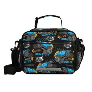 exnundod monster truck lunch bag, cartoon modern trucks insulated reusable lunchbox adjustable shoulder strap cooler tote bag for travel picnic beach