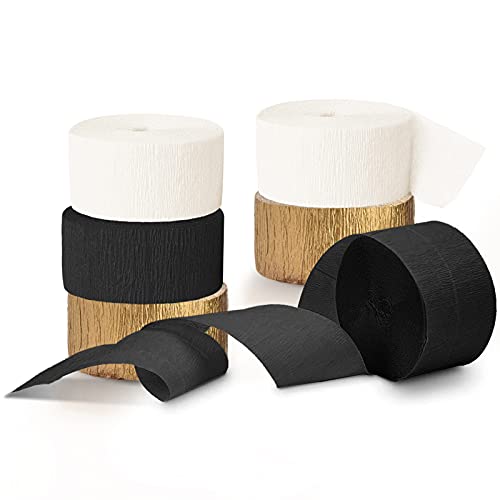 NICROHOME Black and Gold Party Decorations, 6 Rolls Ivory White Gold Black Crepe Paper Streamers for New Years Eve Party Supplies 2023, Baby Shower, Graduation, Birthday, 82Ft Long