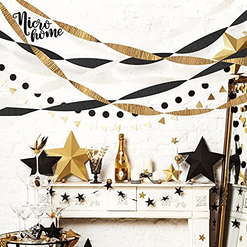 NICROHOME Black and Gold Party Decorations, 6 Rolls Ivory White Gold Black Crepe Paper Streamers for New Years Eve Party Supplies 2023, Baby Shower, Graduation, Birthday, 82Ft Long