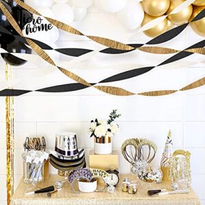 NICROHOME Black and Gold Party Decorations, 6 Rolls Ivory White Gold Black Crepe Paper Streamers for New Years Eve Party Supplies 2023, Baby Shower, Graduation, Birthday, 82Ft Long