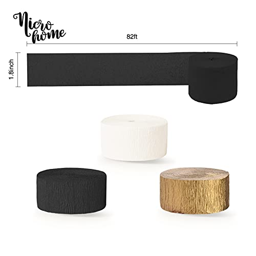 NICROHOME Black and Gold Party Decorations, 6 Rolls Ivory White Gold Black Crepe Paper Streamers for New Years Eve Party Supplies 2023, Baby Shower, Graduation, Birthday, 82Ft Long