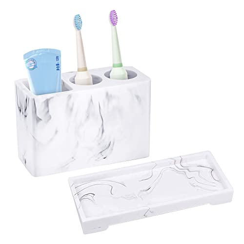 Mightree Bathroom Vanity Tray, 3-Slot Tooth Brush Holder Set of 2 for Bathroom, Resin Toilet Tank Tray, Marble Pattern Bathtub Tray Organizer, White