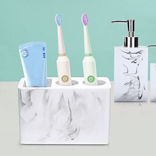 Mightree Bathroom Vanity Tray, 3-Slot Tooth Brush Holder Set of 2 for Bathroom, Resin Toilet Tank Tray, Marble Pattern Bathtub Tray Organizer, White