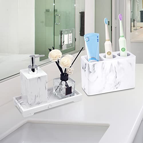 Mightree Bathroom Vanity Tray, 3-Slot Tooth Brush Holder Set of 2 for Bathroom, Resin Toilet Tank Tray, Marble Pattern Bathtub Tray Organizer, White