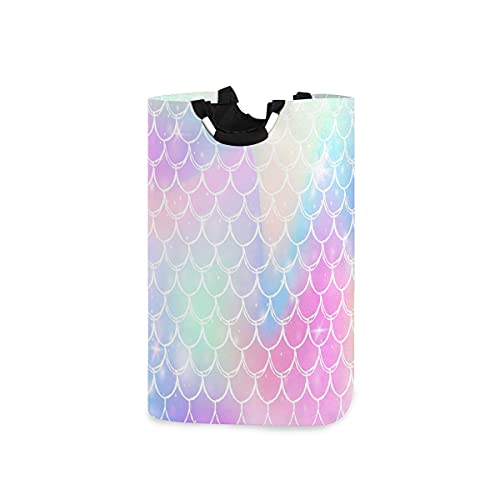 Cute Ocean Mermaid Large Laundry Hamper, Fish Scales Laundry Baskets with Handle, Durable Oxford Storage Basket, Portable Folding Clothes Hamper for Nursery, College Dorm, Bedroon, Bathroom