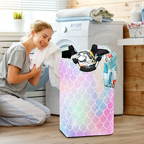 Cute Ocean Mermaid Large Laundry Hamper, Fish Scales Laundry Baskets with Handle, Durable Oxford Storage Basket, Portable Folding Clothes Hamper for Nursery, College Dorm, Bedroon, Bathroom