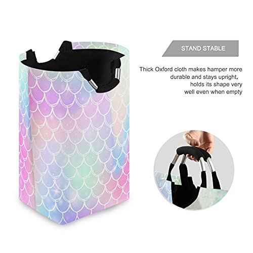 Cute Ocean Mermaid Large Laundry Hamper, Fish Scales Laundry Baskets with Handle, Durable Oxford Storage Basket, Portable Folding Clothes Hamper for Nursery, College Dorm, Bedroon, Bathroom