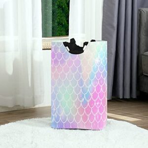 Cute Ocean Mermaid Large Laundry Hamper, Fish Scales Laundry Baskets with Handle, Durable Oxford Storage Basket, Portable Folding Clothes Hamper for Nursery, College Dorm, Bedroon, Bathroom