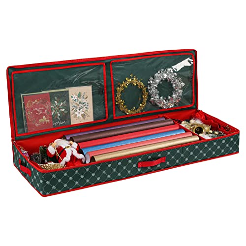 Seckon Wrapping Paper Storage Container Gift Wrapping Storage Box – Fits up to 40" Rolls, Under-Bed Wrapping Paper Organizer for Gift Wrapping, Bags, Ribbon, and Bows(Green)