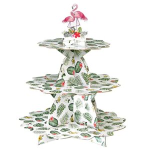 boramdo flamingo cardboard cupcake stand，3-tier tropical leaves pattern dessert tower，hawaiian luau cake holders for 24 cupcakes, kids birthday baby shower wedding party supplies (hawaii leaves)