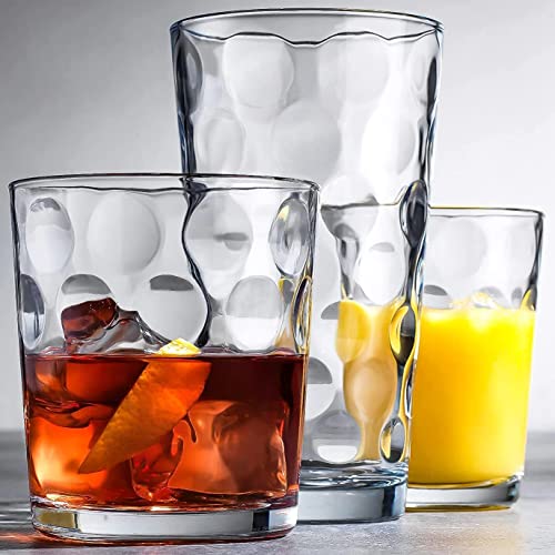 Le'raze Drinking Glasses Set of 18 Clear Glass Cups - 6 Highball Glasses 17oz, 6 Rocks Glasses 13oz, 6 DOF Glasses 7oz, Bubble Design Glassware Set for Water, Juice, Wine, Cocktails, & Beer Glasses.