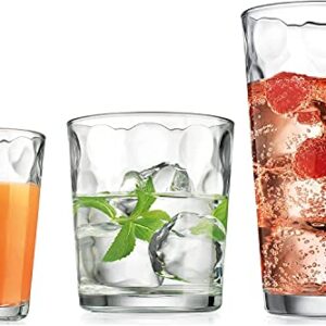 Le'raze Drinking Glasses Set of 18 Clear Glass Cups - 6 Highball Glasses 17oz, 6 Rocks Glasses 13oz, 6 DOF Glasses 7oz, Bubble Design Glassware Set for Water, Juice, Wine, Cocktails, & Beer Glasses.