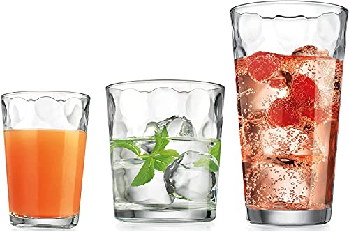 Le'raze Drinking Glasses Set of 18 Clear Glass Cups - 6 Highball Glasses 17oz, 6 Rocks Glasses 13oz, 6 DOF Glasses 7oz, Bubble Design Glassware Set for Water, Juice, Wine, Cocktails, & Beer Glasses.