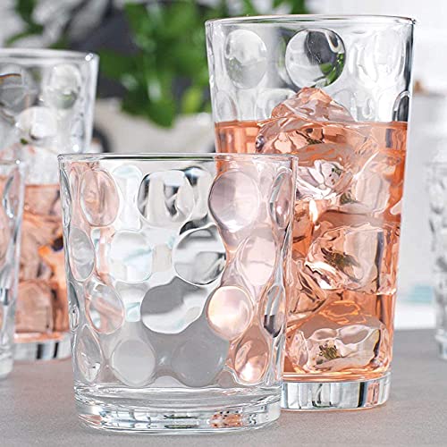 Le'raze Drinking Glasses Set of 18 Clear Glass Cups - 6 Highball Glasses 17oz, 6 Rocks Glasses 13oz, 6 DOF Glasses 7oz, Bubble Design Glassware Set for Water, Juice, Wine, Cocktails, & Beer Glasses.