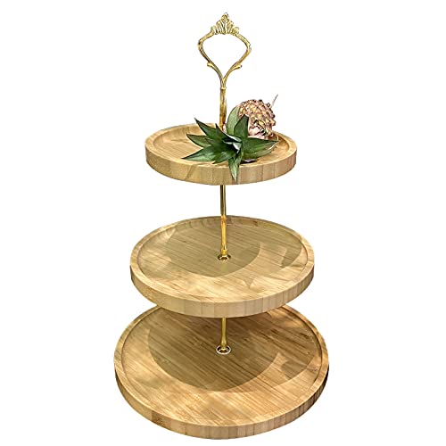 Tiered Tray ,Bamboo Farmhouse 3 Tier Serving Stand, Tiered Tray Decor with Metal Brackets Kitchen, Coffee Table, Cake and Party Round Tray