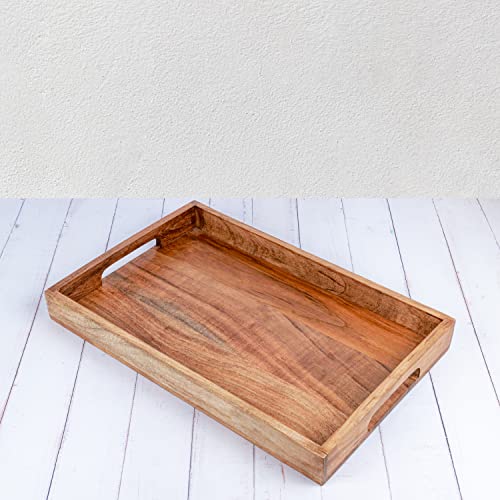 Samhita Acacia Wood Serving Tray with Handles,Wooden Serving Tray, Snack Tray, Breakfast Tray, Great for, Breakfast, Coffee Tables, Homes, Restaurant|Size- 15" x 10" x 1.6"