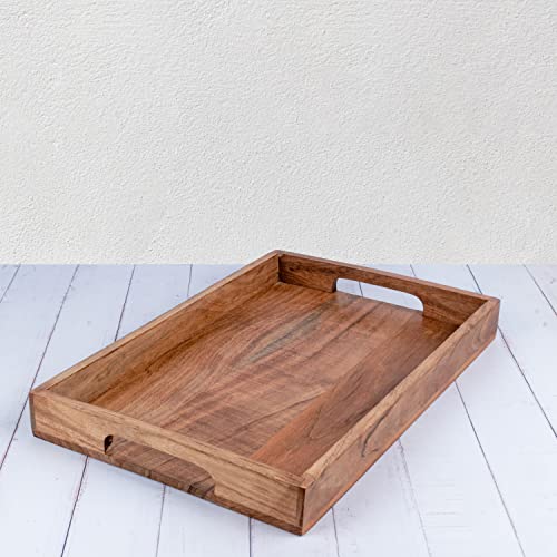 Samhita Acacia Wood Serving Tray with Handles,Wooden Serving Tray, Snack Tray, Breakfast Tray, Great for, Breakfast, Coffee Tables, Homes, Restaurant|Size- 15" x 10" x 1.6"