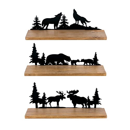 SOFFEE DESIGN Set of 3 Forest Wooden Floating Shelves for Wall Decoration, Adorable Metal Bears & Wolves & Deer Pine Pattern Black Finish Decor, Wall Mount Hanging Rectangle Shelves for Home, Office