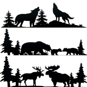 SOFFEE DESIGN Set of 3 Forest Wooden Floating Shelves for Wall Decoration, Adorable Metal Bears & Wolves & Deer Pine Pattern Black Finish Decor, Wall Mount Hanging Rectangle Shelves for Home, Office