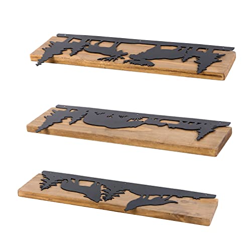 SOFFEE DESIGN Set of 3 Forest Wooden Floating Shelves for Wall Decoration, Adorable Metal Bears & Wolves & Deer Pine Pattern Black Finish Decor, Wall Mount Hanging Rectangle Shelves for Home, Office