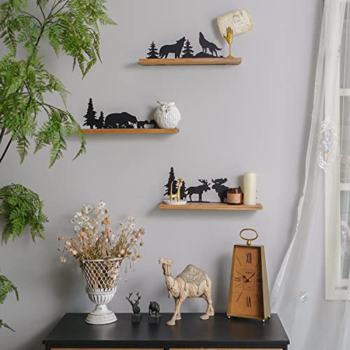 SOFFEE DESIGN Set of 3 Forest Wooden Floating Shelves for Wall Decoration, Adorable Metal Bears & Wolves & Deer Pine Pattern Black Finish Decor, Wall Mount Hanging Rectangle Shelves for Home, Office