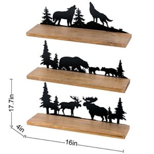 SOFFEE DESIGN Set of 3 Forest Wooden Floating Shelves for Wall Decoration, Adorable Metal Bears & Wolves & Deer Pine Pattern Black Finish Decor, Wall Mount Hanging Rectangle Shelves for Home, Office