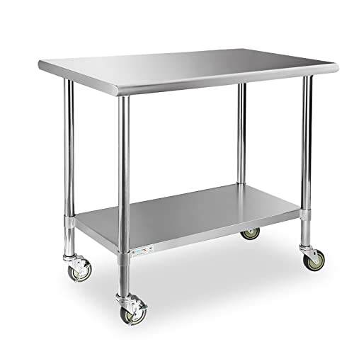 STABLEINK Stainless Steel Table with Caster Wheels 36 x 24 Inches, NSF Commercial Prep & Work Table with Adjustable Undershelf and Table Foot, for Commercial Kitchen, Restaurant, Hotel and Garage