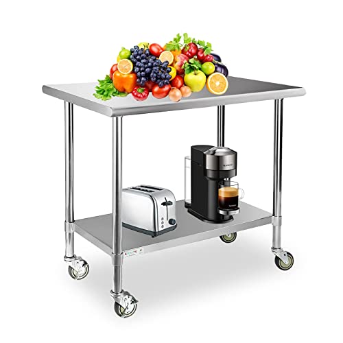 STABLEINK Stainless Steel Table with Caster Wheels 36 x 24 Inches, NSF Commercial Prep & Work Table with Adjustable Undershelf and Table Foot, for Commercial Kitchen, Restaurant, Hotel and Garage