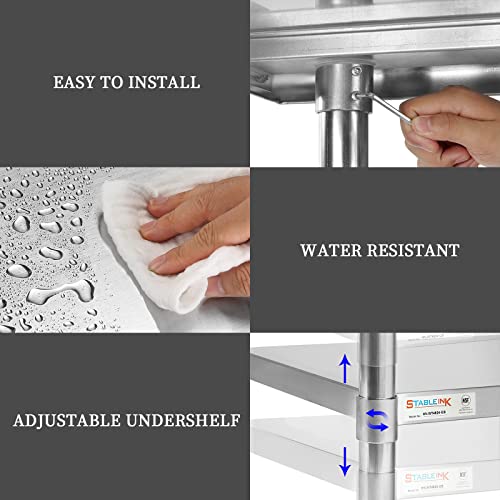 STABLEINK Stainless Steel Table with Caster Wheels 36 x 24 Inches, NSF Commercial Prep & Work Table with Adjustable Undershelf and Table Foot, for Commercial Kitchen, Restaurant, Hotel and Garage