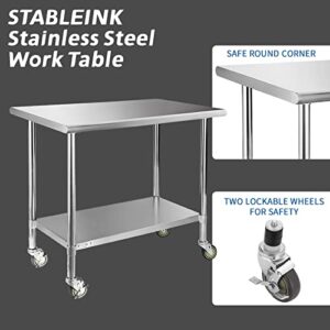 STABLEINK Stainless Steel Table with Caster Wheels 36 x 24 Inches, NSF Commercial Prep & Work Table with Adjustable Undershelf and Table Foot, for Commercial Kitchen, Restaurant, Hotel and Garage